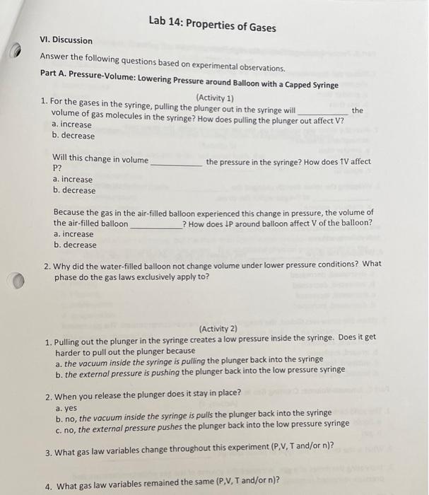 Solved Lab 14: Properties of Gases Name: Section: IV. Prelab | Chegg.com