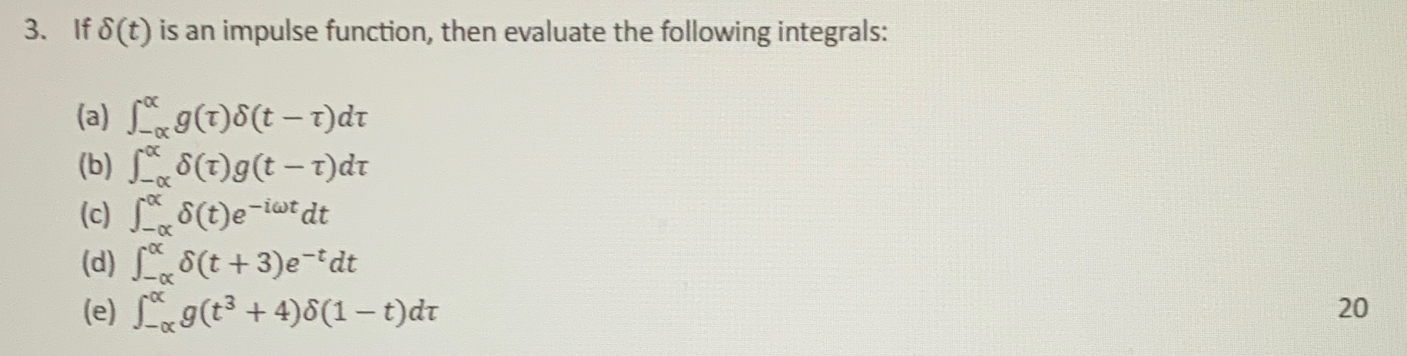 Solved If δ(t) ﻿is an impulse function, then evaluate the | Chegg.com