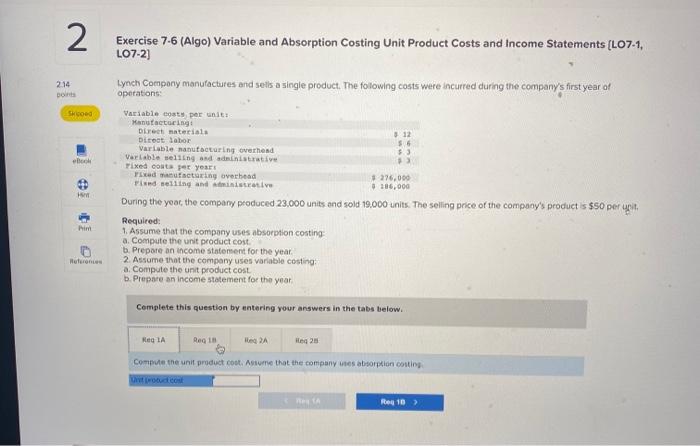 Solved Exercise 7.6 (Algo) Variable and Absorption Costing | Chegg.com