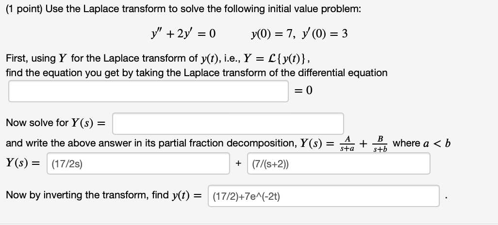 Solved (1 ﻿point) ﻿Use the Laplace transform to solve the | Chegg.com