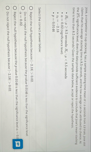Solved Jose, a competitor in cup stacking, has a sample | Chegg.com