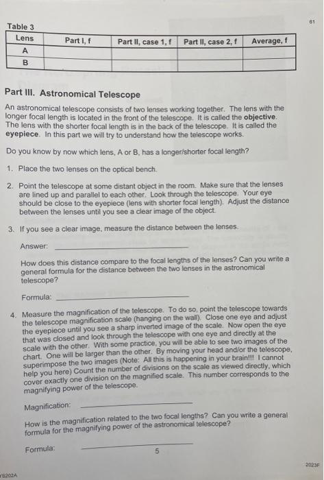 Thin Lenses and Astronomical Telescope Name(s): Date: | Chegg.com