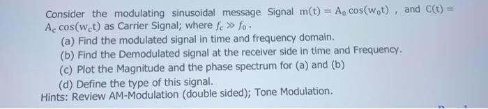Solved Consider the modulating sinusoidal message Signal | Chegg.com
