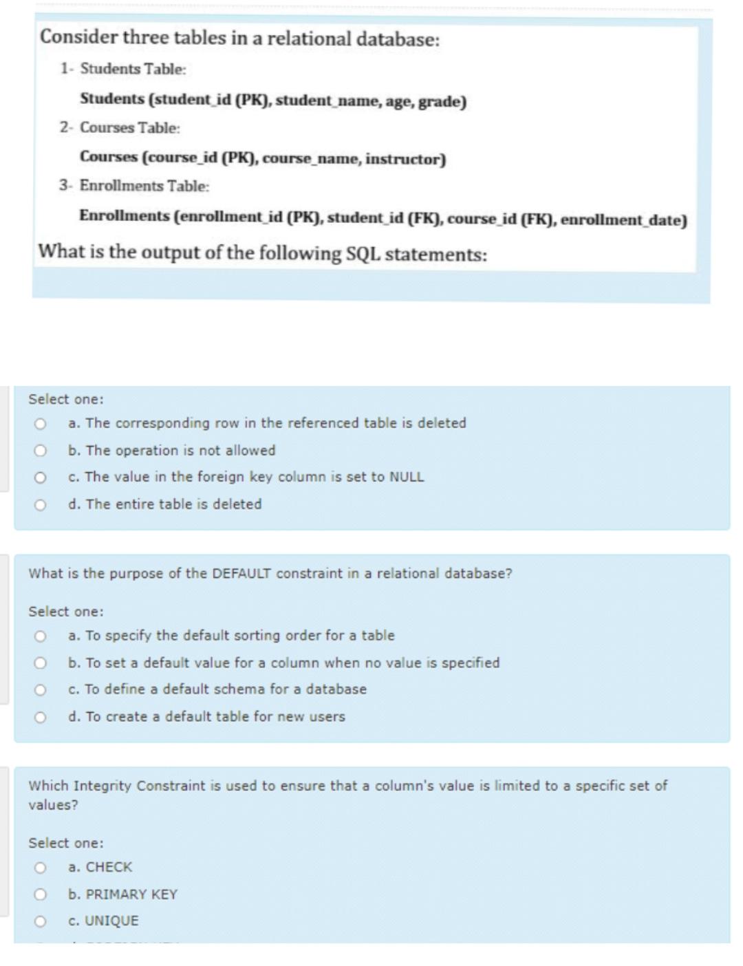 Solved Consider three tables in a relational database:1- | Chegg.com