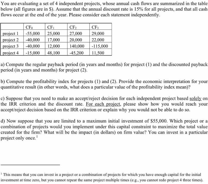 Solved You are evaluating a set of 4 independent projects, | Chegg.com