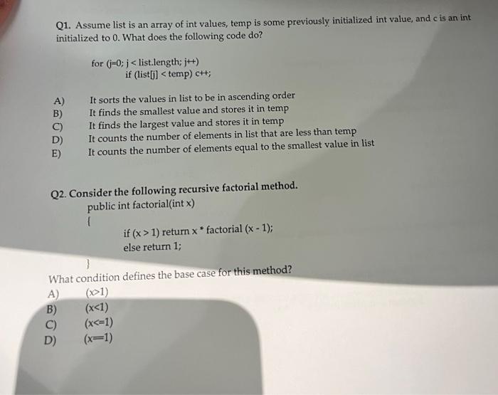 Solved Q1. Assume list is an array of int values, temp is | Chegg.com