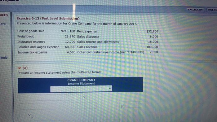 Solved CALCULATOR FULLSC RCES evel Exercise 6-12 (Part Level | Chegg.com
