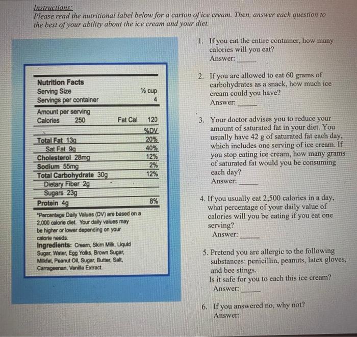 Solved Instructions: Please read the nutritional label below | Chegg.com