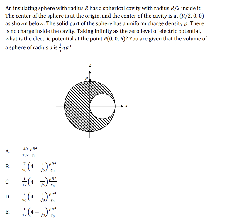 Solved An insulating sphere with radius R ﻿has a spherical | Chegg.com