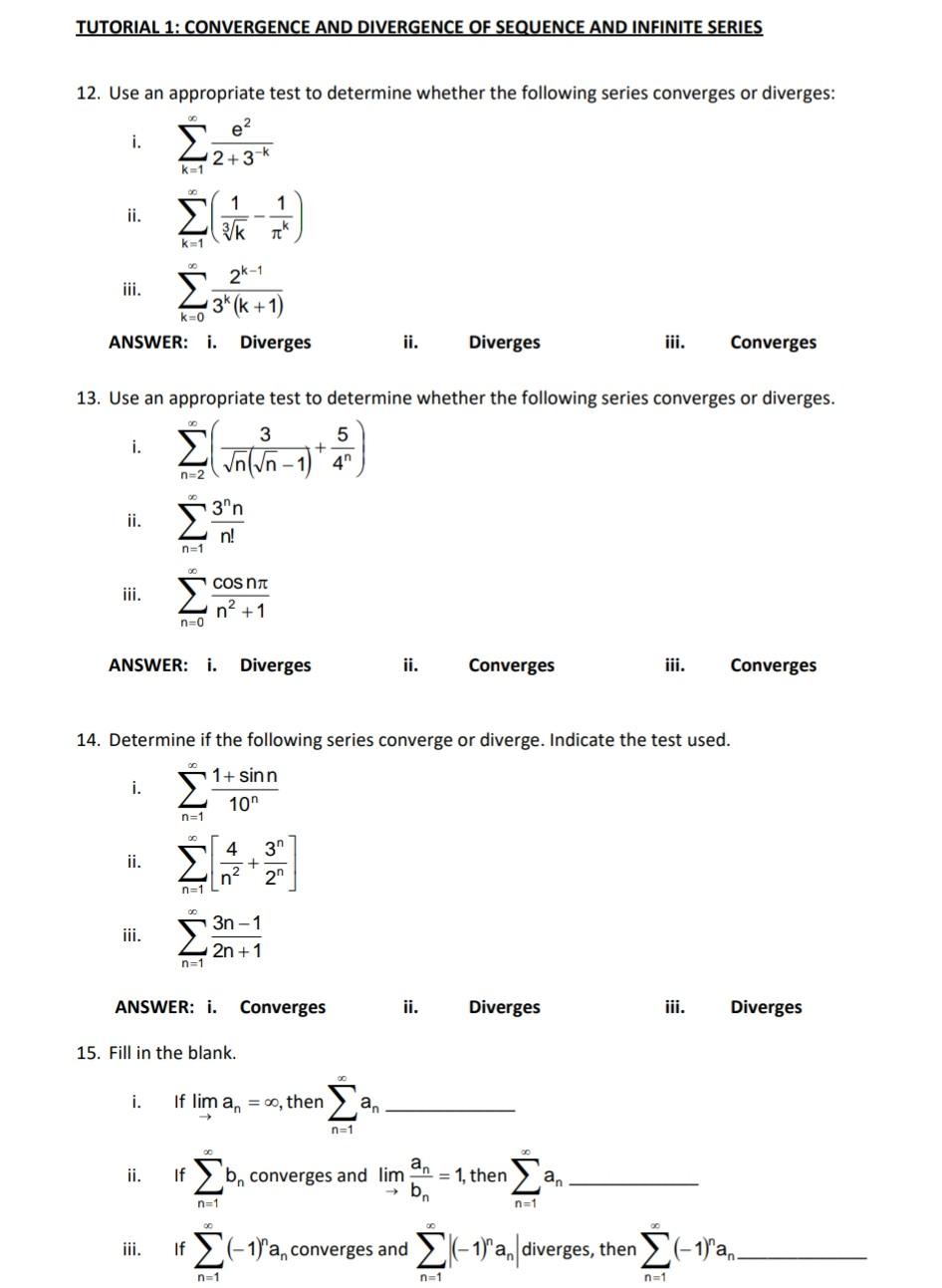 Solved TUTORIAL 1: CONVERGENCE AND DIVERGENCE OF SEQUENCE | Chegg.com