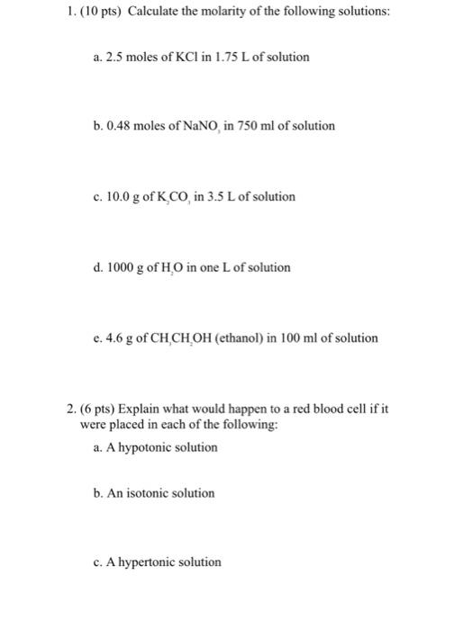 Solved 1. (10 pts) Calculate the molarity of the following | Chegg.com