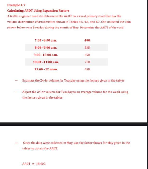 Solved Example 4.7 Calculating AADT Using Expansion Factors | Chegg.com