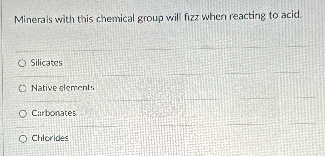 Solved Minerals with this chemical group will fizz when | Chegg.com