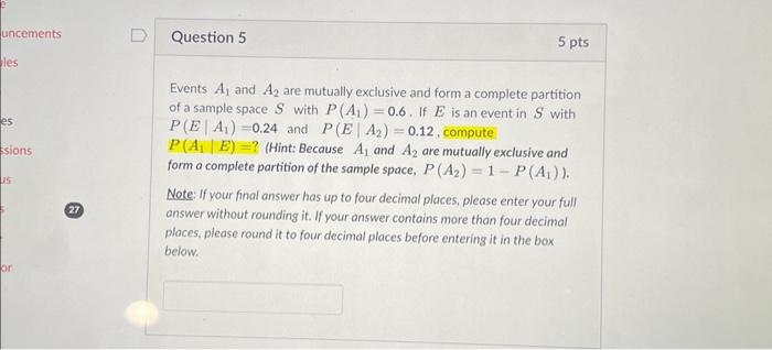 Solved Events A1 and A2 are mutually exclusive and form a | Chegg.com