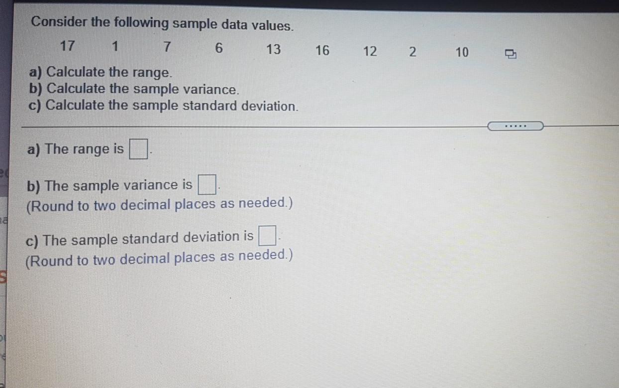 Solved Consider the following sample data values. 17 17 6 13 | Chegg.com