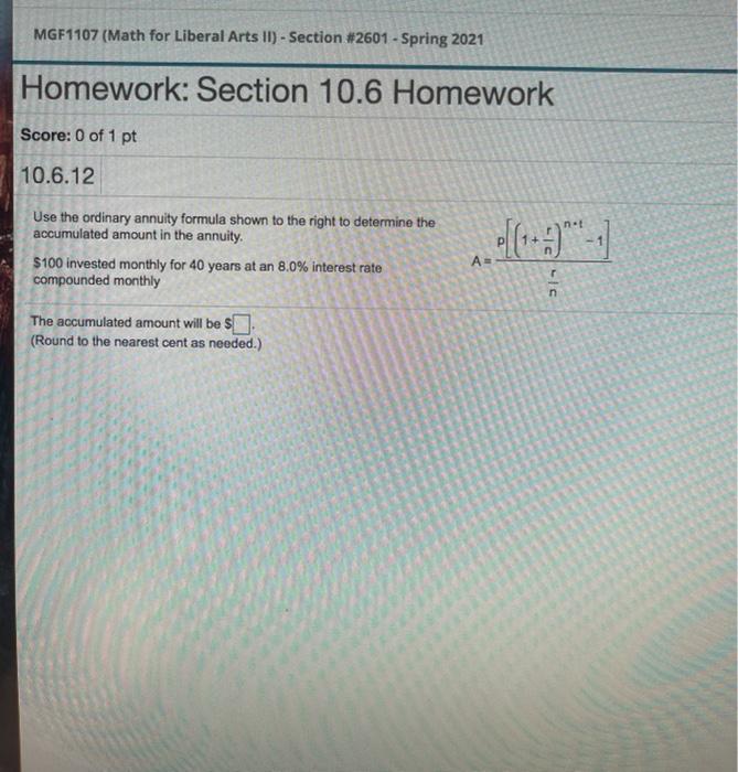 Solved MGF1107 (Math for Liberal Arts II) - Section #2601 - | Chegg.com