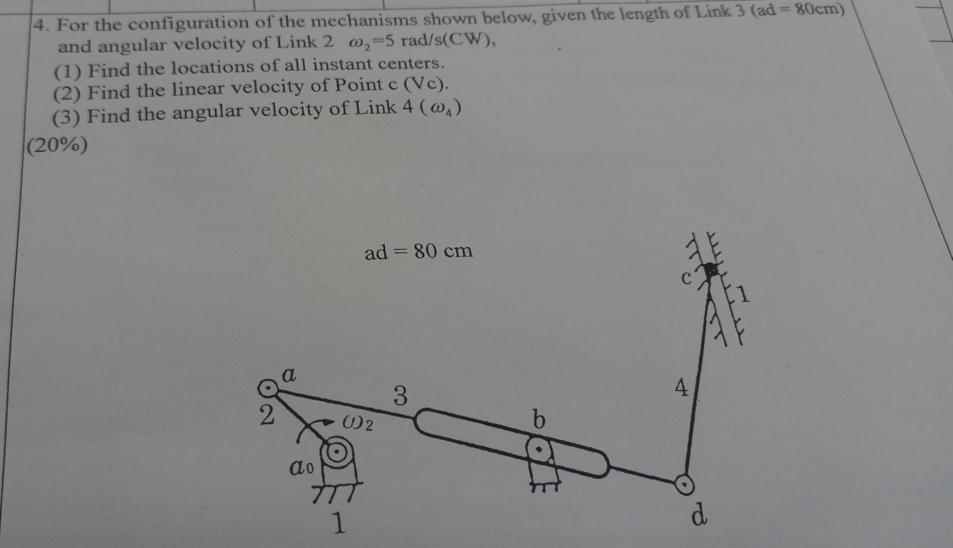 Solved 4. For the configuration of the mechanisms shown | Chegg.com