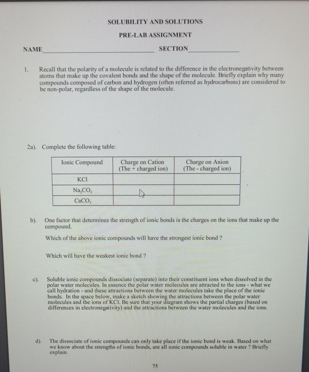 Solved SOLUBILITY AND SOLUTIONS PRE-LAB ASSIGNMENT NAME | Chegg.com