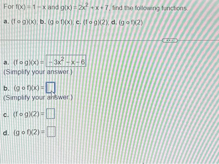 Solved For f(x)=1−x and g(x)=2x2+x+7, find the following | Chegg.com