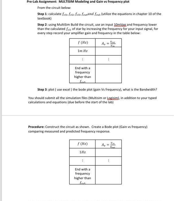 Pre-Lab Assignment: MULTISIM Modeling and Gain vs | Chegg.com