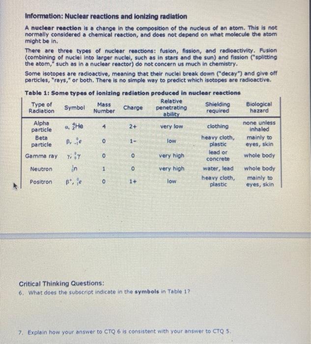 Solved Information: Nuclear reactions and ionizing radiation | Chegg.com
