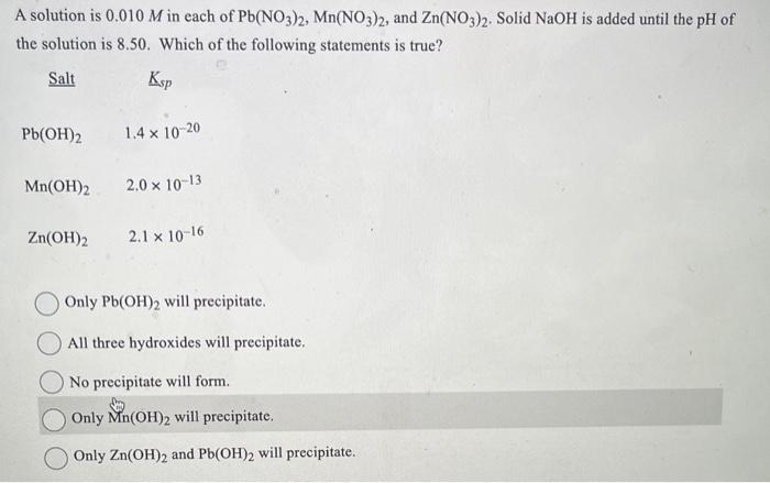 Solved A solution is 0.010M in each of Pb(NO3)2,Mn(NO3)2, | Chegg.com