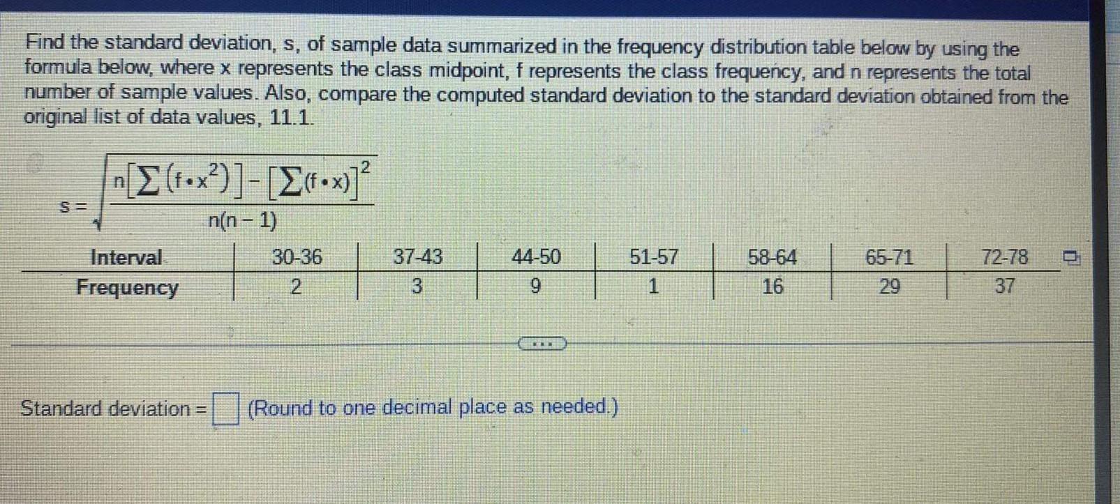 Solved Find the standard deviation, s, of sample data | Chegg.com