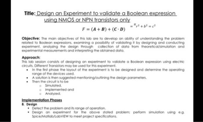 Solved Title: Design an Experiment to validate a Boolean | Chegg.com