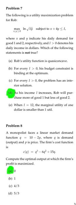 Solved Problem 7 The Following Is A Utility Maximization