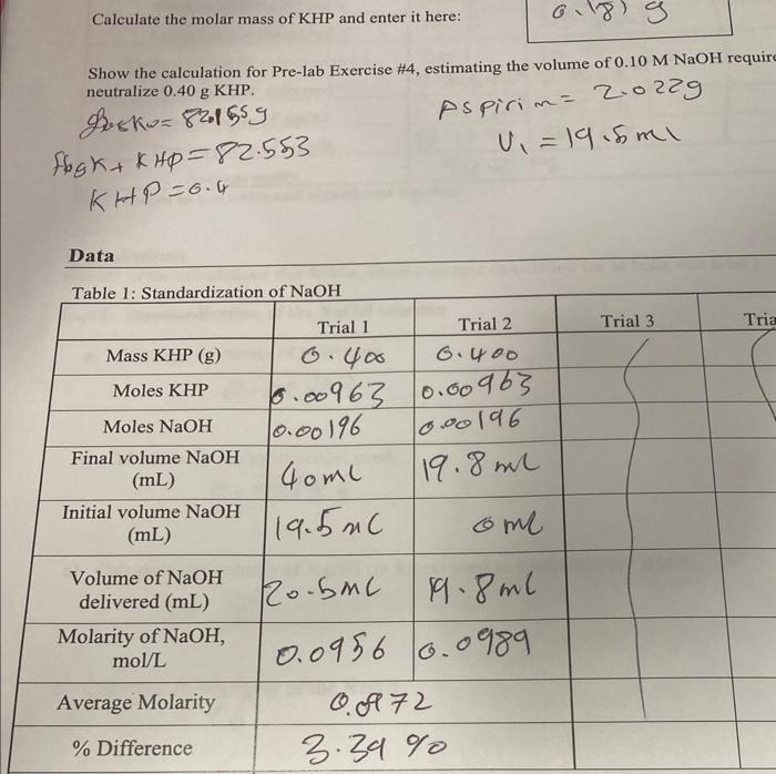 Solved Show the calculation for Pre-lab Exercise \#4, | Chegg.com