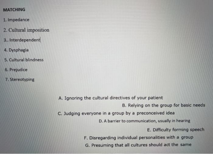 Solved MATCHING 1. Impedance 2. Cultural imposition 3.. | Chegg.com
