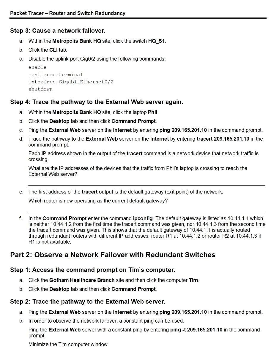 Solved Packet Tracer - Router and Switch Redundancy | Chegg.com
