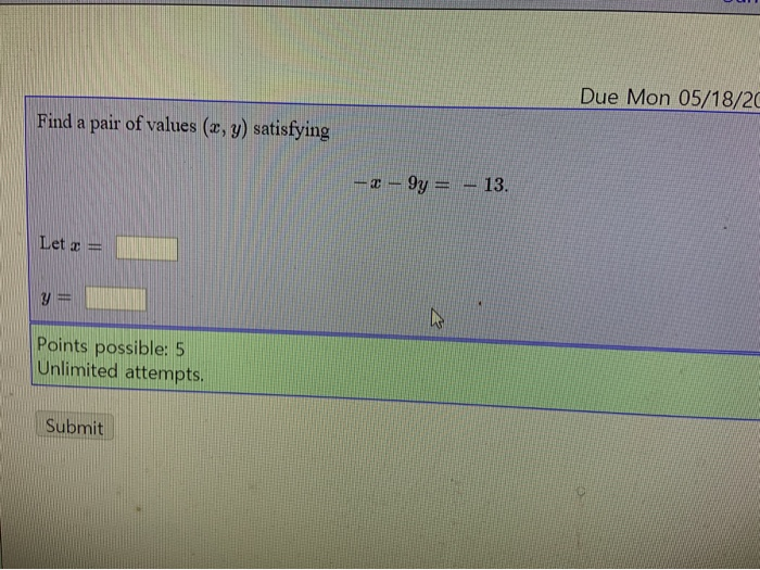 Solved Due Mon 05/18/20 Find a pair of values (2, y) | Chegg.com