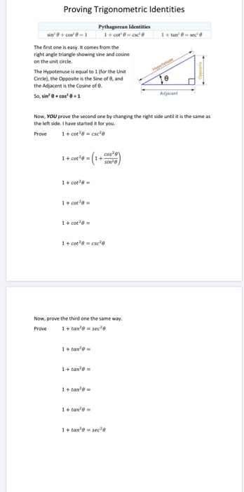 Solved Proving Trigonometric Identities Pythagorean | Chegg.com