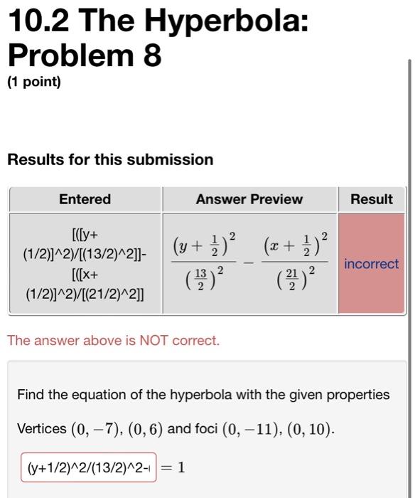 Solved 10.2 The Hyperbola: Problem 8 (1 point) Results for | Chegg.com