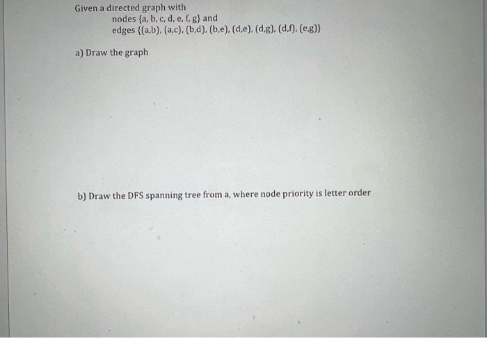 Solved Given a directed graph with nodes {a,b,c,d,e,f,g} and | Chegg.com
