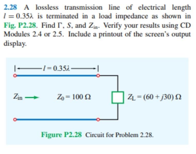 Solved 2.28 A lossless transmission line of electrical | Chegg.com