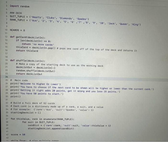 Solved 3 import randor 5 ##A DECK 6 SUIT_TUPLE = ('Hearts', | Chegg.com