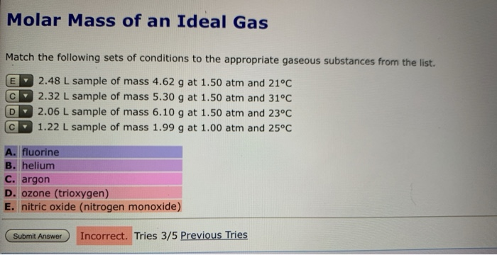 Solved Molar Mass of an Ideal Gas Match the following sets | Chegg.com