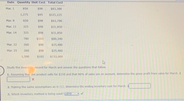 Solved Date Quantity Unit Cost Total Cost Mar. 1 850 $98 | Chegg.com