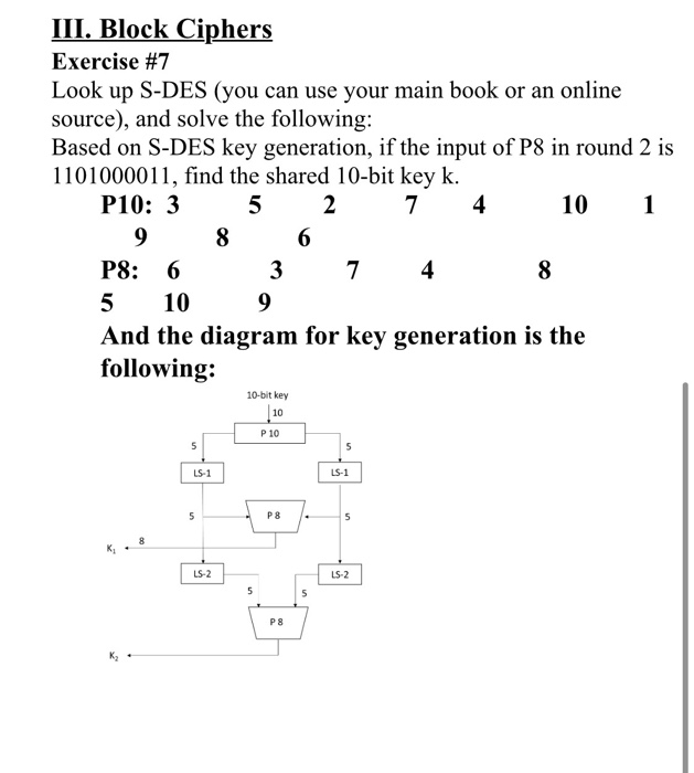 Solved III. Block Ciphers Exercise #7 Look up S-DES (you can | Chegg.com