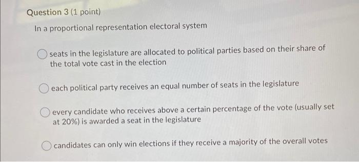 Solved Question 3 (1 point) In a proportional representation | Chegg.com