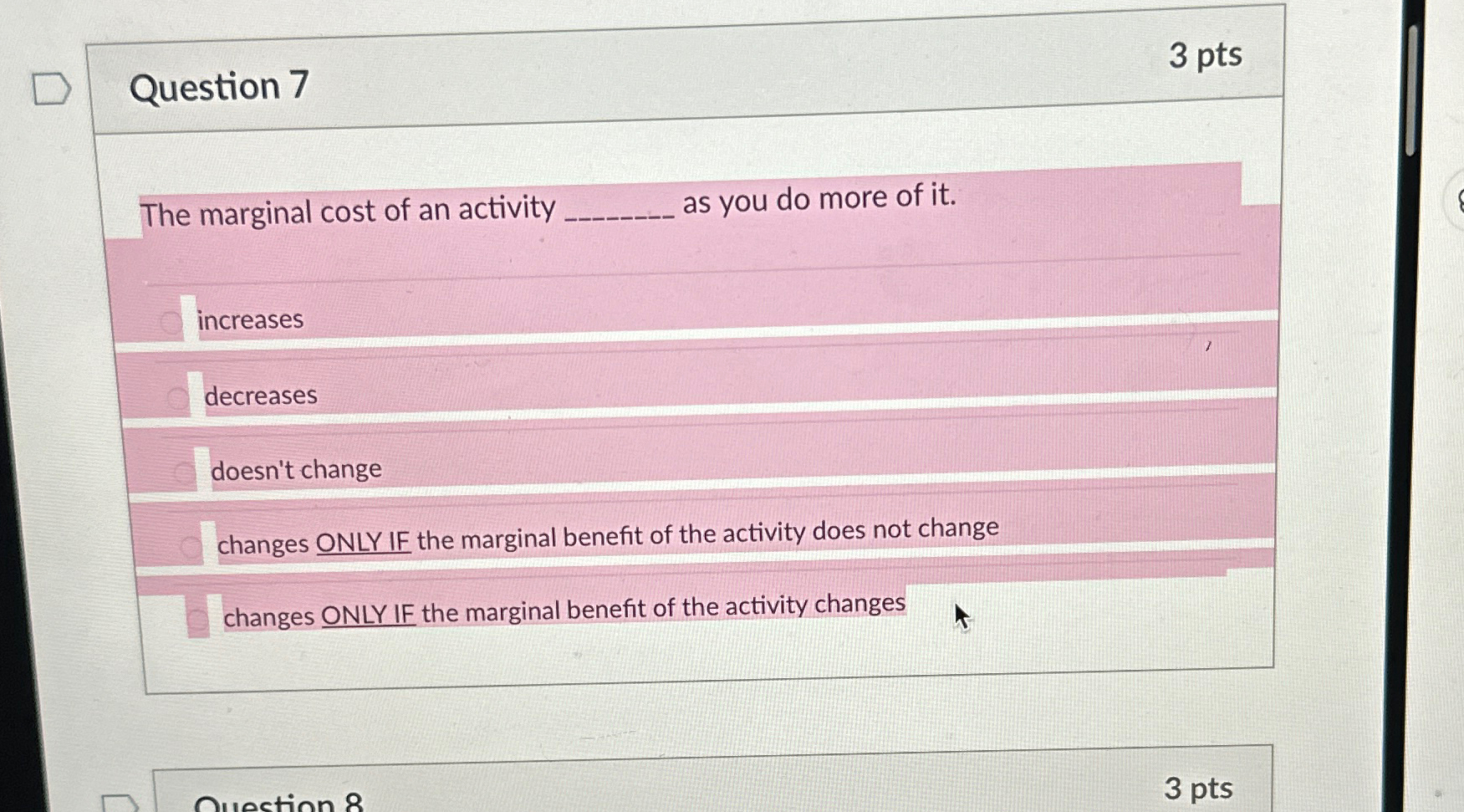 Solved Question 73 ﻿ptsThe marginal cost of an activity q, | Chegg.com