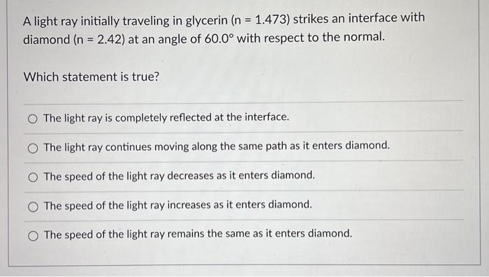 Solved A light ray initially traveling in glycerin (n=1.473) | Chegg.com