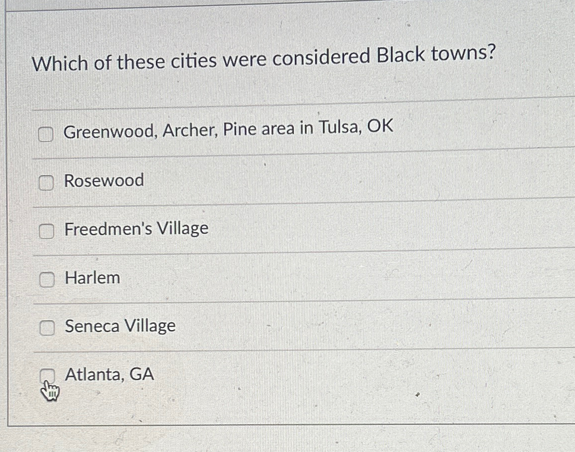 Solved Which of these cities were considered Black | Chegg.com