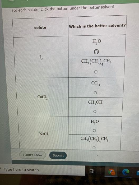 Solved For each solute, click the button under the better | Chegg.com