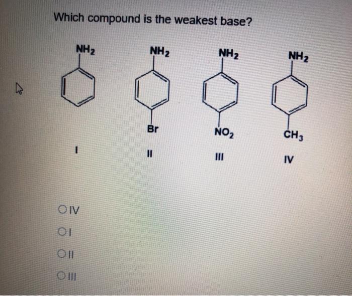 Solved Which compound is the weakest base? NH2 NH2 NH2 NH2 | Chegg.com