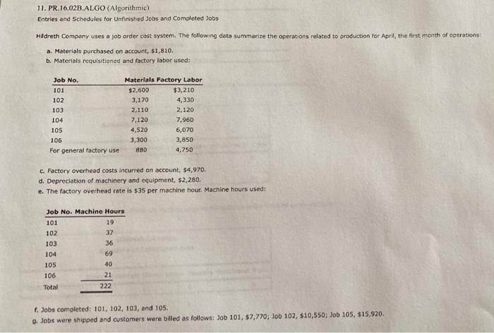 Solved 11. PR.16.02B.ALGO (Algorithmic) Entries and | Chegg.com