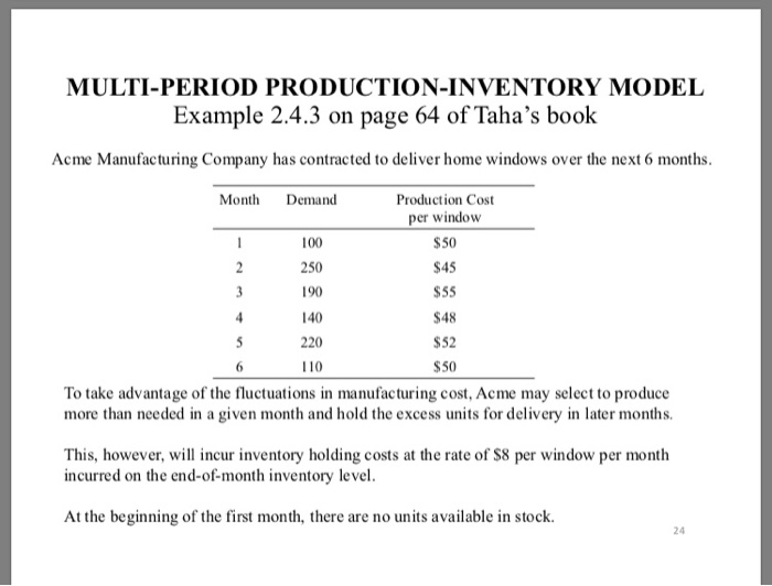 Solved MULTI-PERIOD PRODUCTION-INVENTORY MODEL Example 2.4.3 | Chegg.com