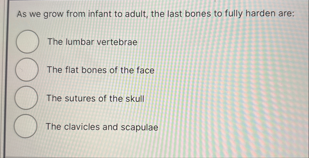 As we grow from infant to adult, the last bones to | Chegg.com